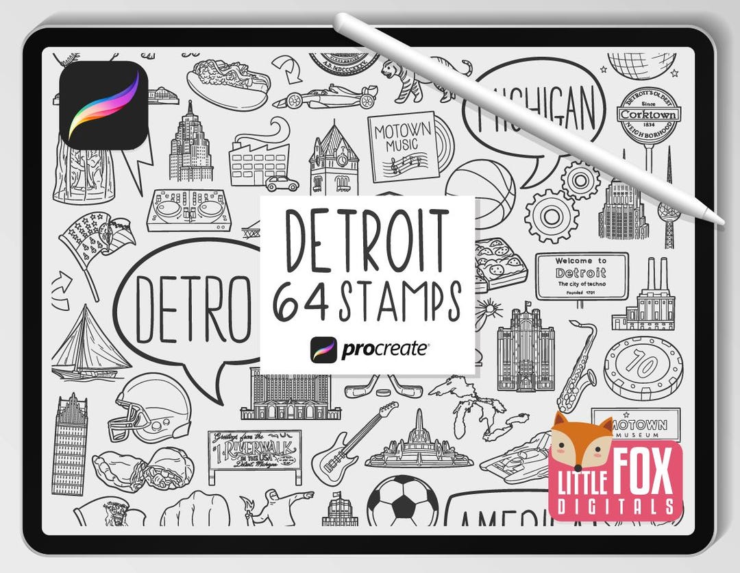 DETROIT STAMPS, Procreate Brushes, Travel Michigan Icons, Bundle ...