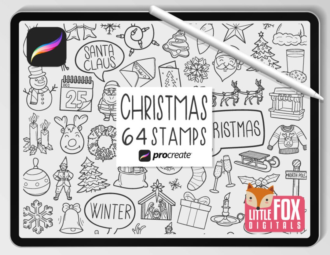 CHRISTMAS STAMPS, Procreate Brushes, Winter Holiday Icons, Santa Claus ...