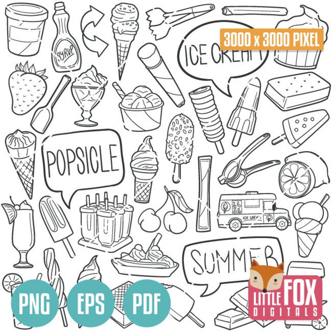 ICE CREAM and POPSICLE, Doodle Vector Icons. Sugar Ice Cream Shop ...