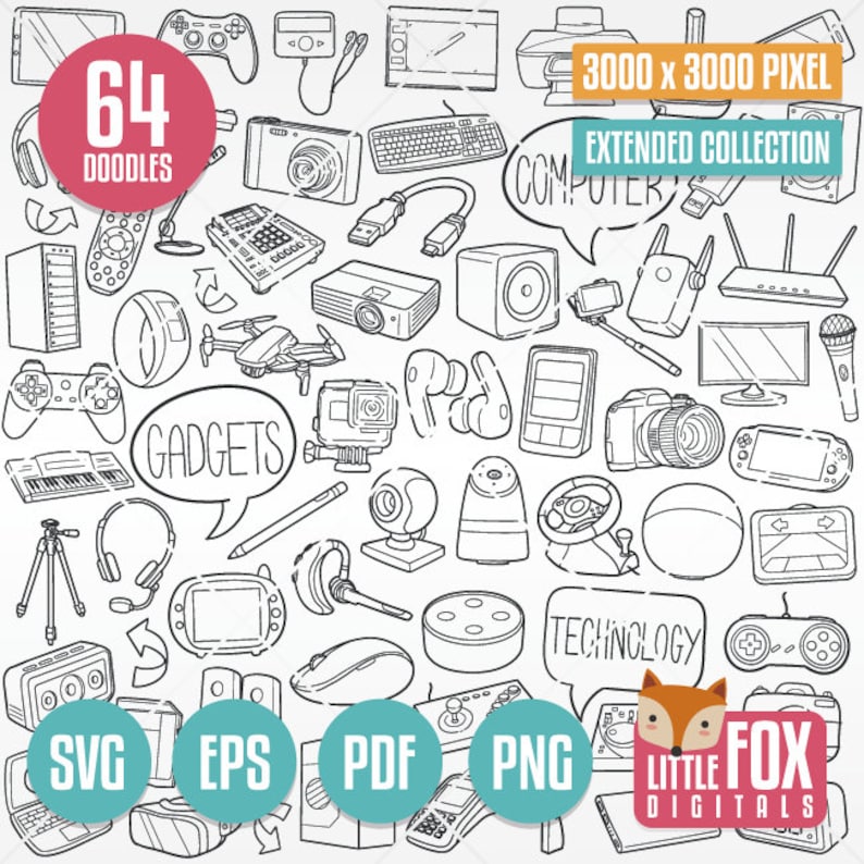 GADGETS, SVG Doodle Vector Icons. Computer Technology Electronics ...