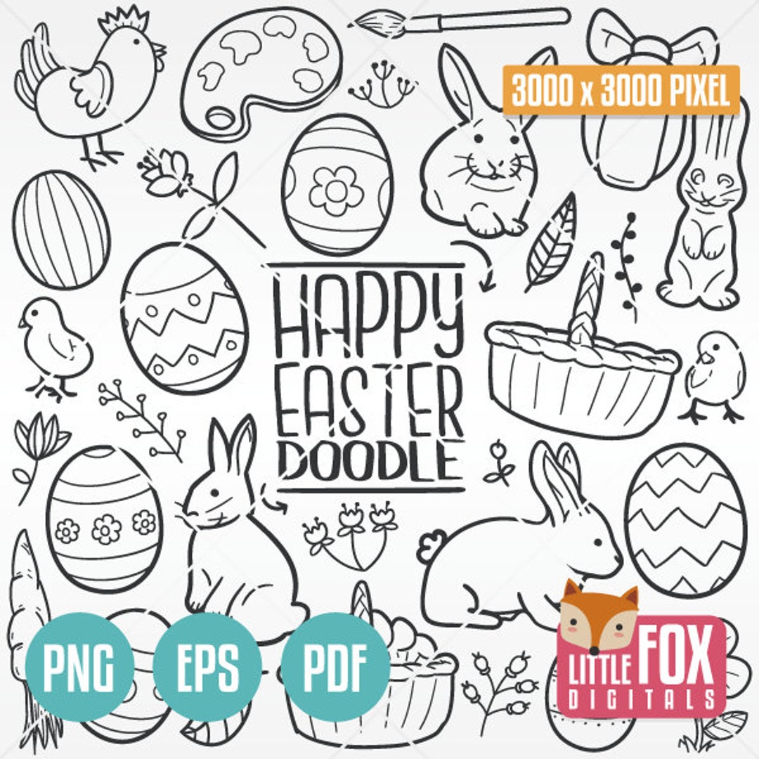 HAPPY EASTER, Doodle Vector Icons. Egg Bunny and Friends Floral Doodle ...