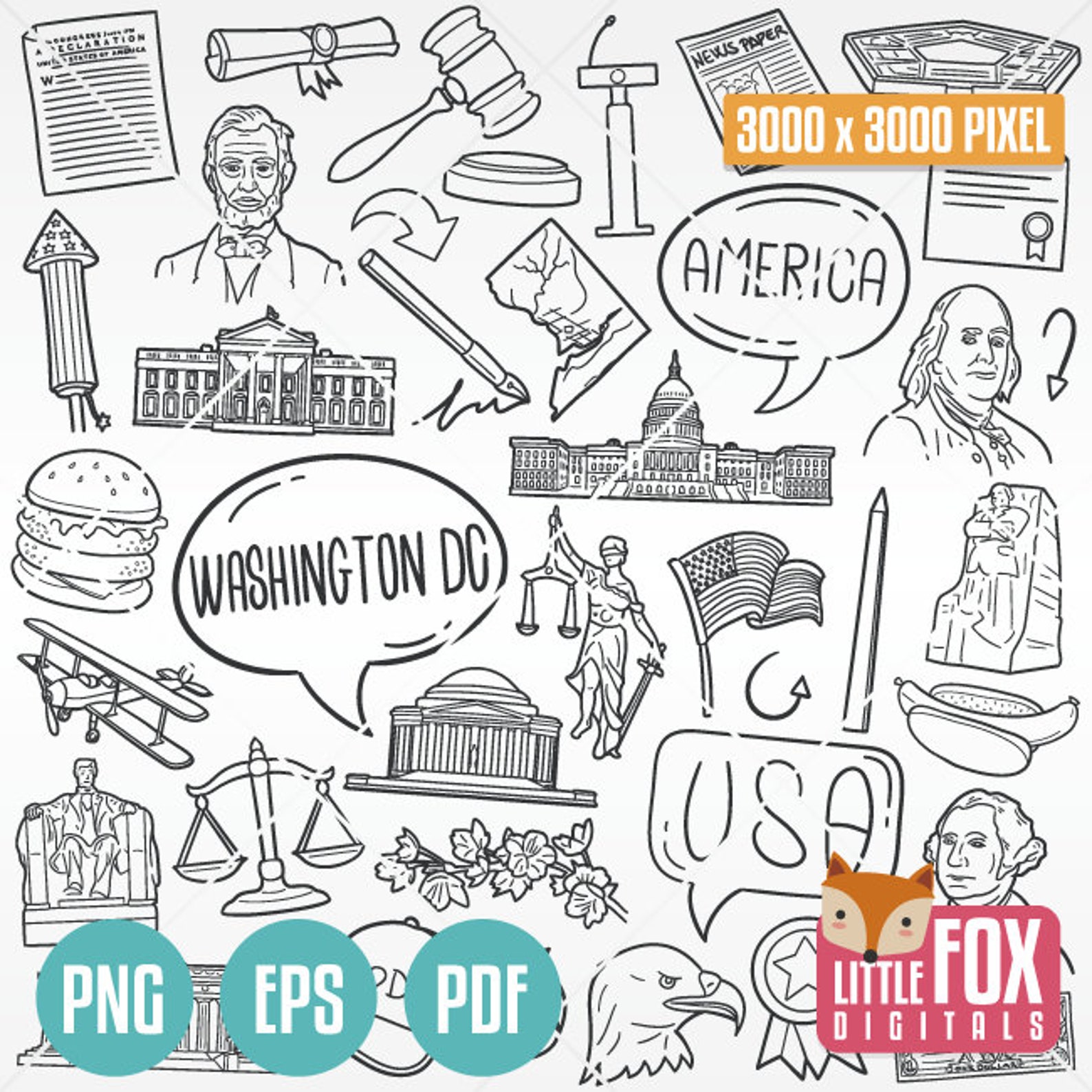 WASHINGTON DC, United States of America Travel Doodles. US Icons ...