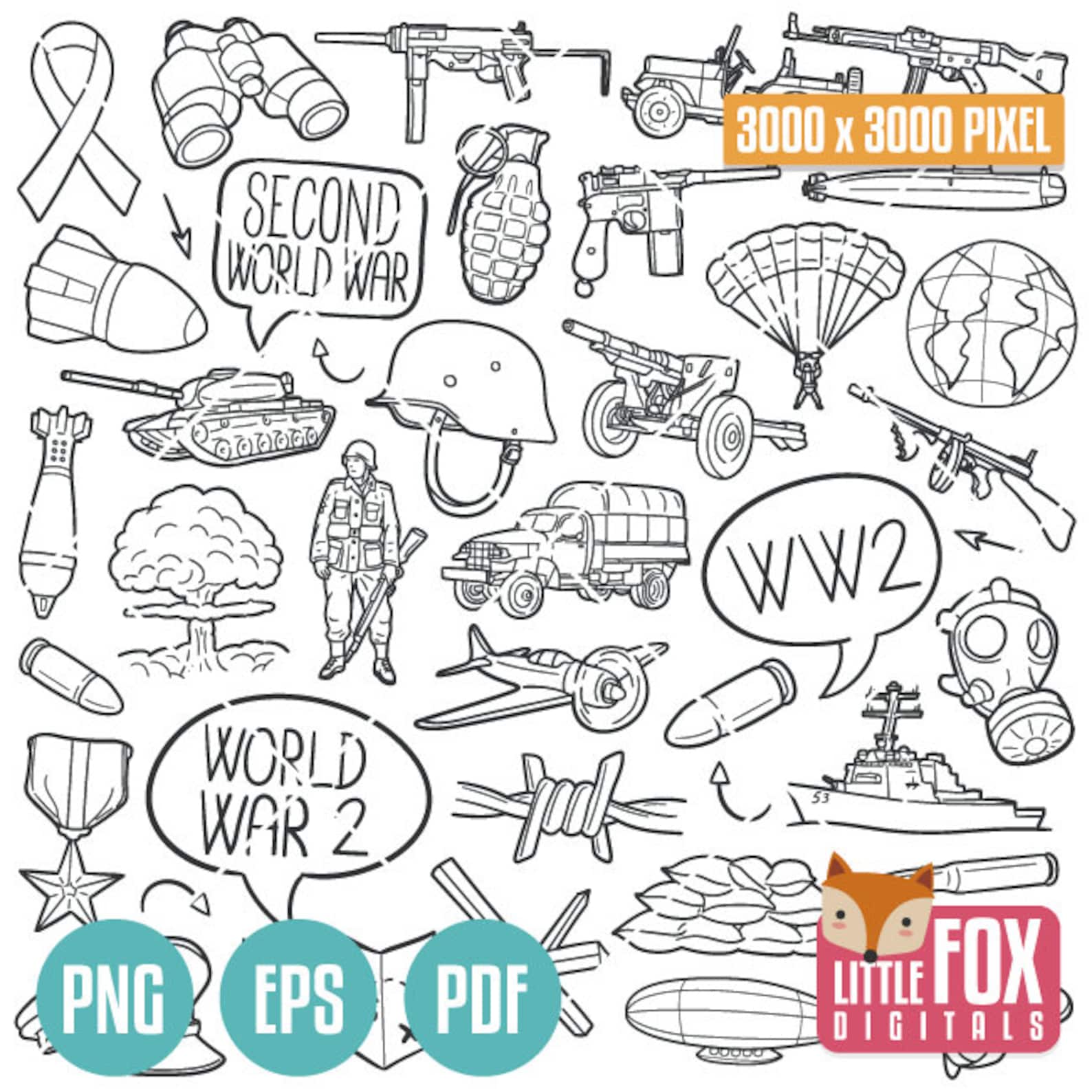 WW2 Second World War, Vector Icons. History Battle Doodle Clipart ...