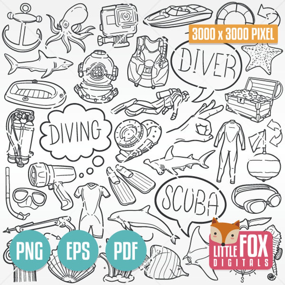 SCUBA DIVING Water Sport, DIVER Traditional Doodle Icons. Clipart ...