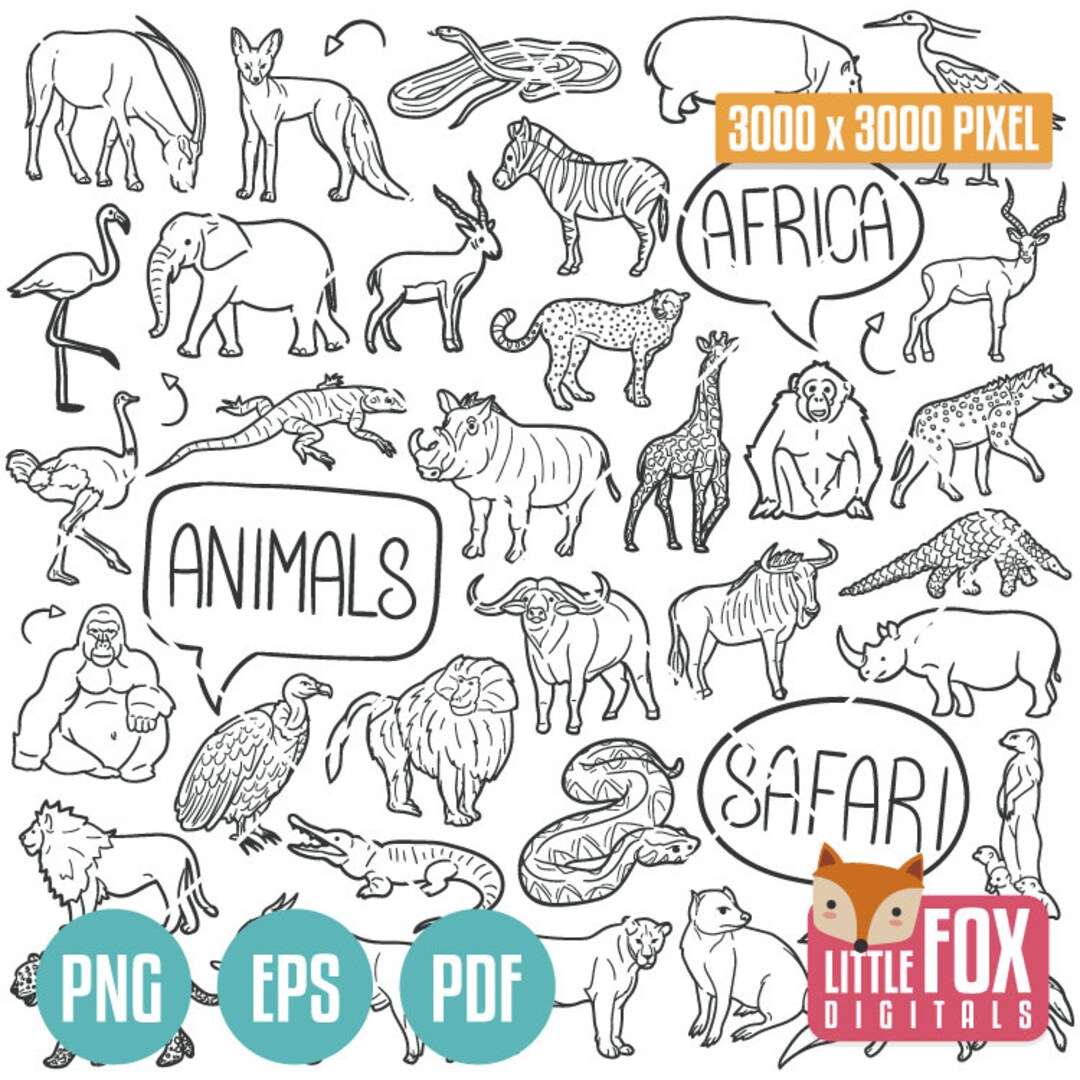 AFRICAN SAFARI ANIMALS, Doodle Vector Icons. Wild Animal Doodle Icons ...