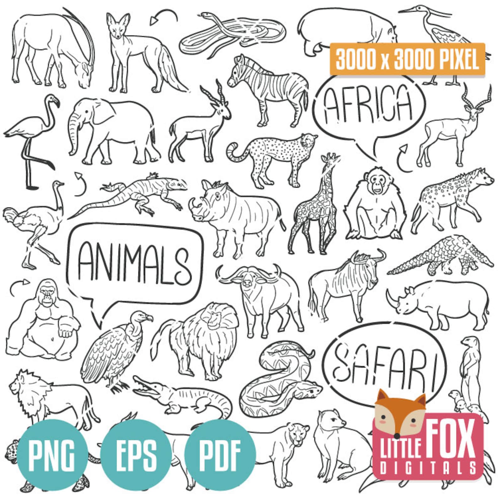 AFRICAN SAFARI ANIMALS Doodle Vector Icons. Wild Animal - Etsy