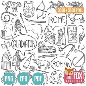 ROME EMPIRE History, Doodle Icon Vectors. Gladiator Roman Age Design ...