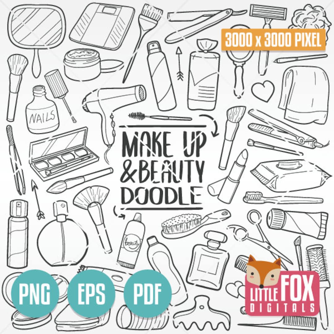 MAKEUP and BEAUTY Doodle Vector Icons. Clipart Set Design Artwork Stamp ...