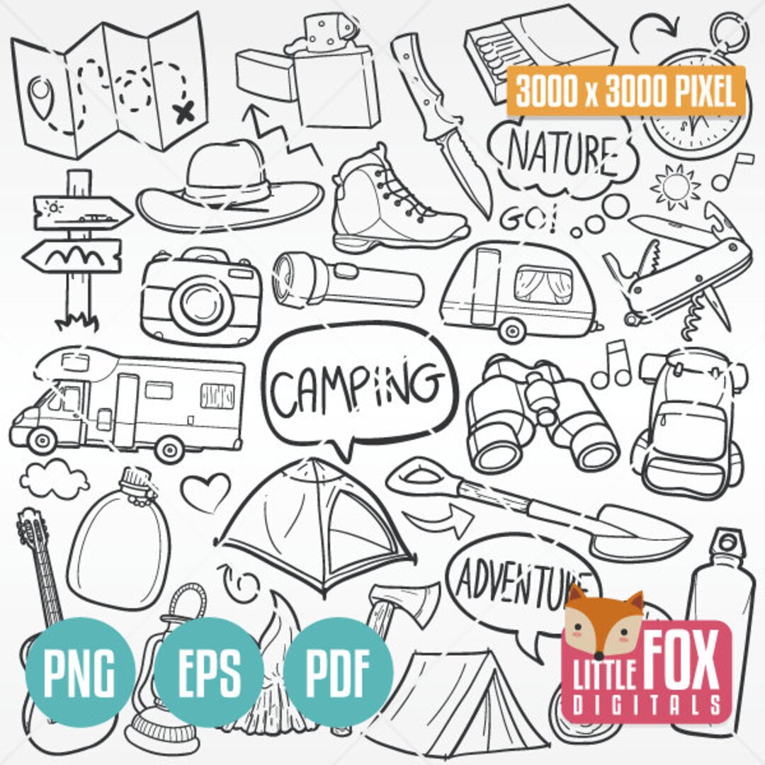 CAMPING, Doodle Vector Icons. Nature Adventure Mountain Day Forest ...