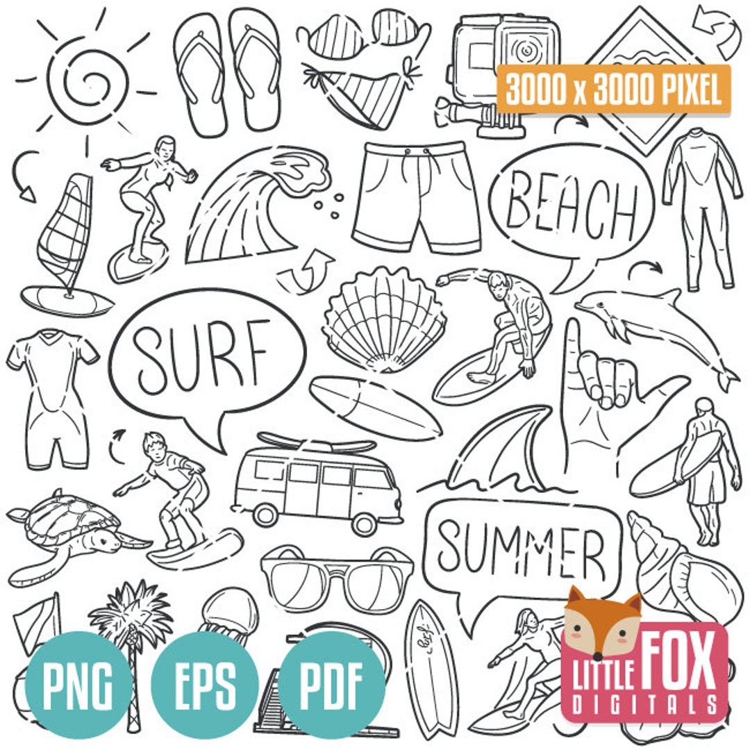 SURF, Surfing Beach Sport Doodle Vector Icons. Summer Icons Clipart ...