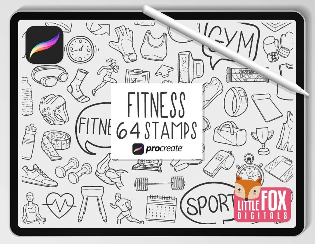 FITNESS STAMPS, Procreate Brushes, Workout Icons, Sport Bundle Doodles ...