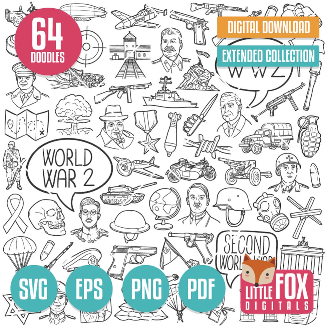 WORLD WAR 2 SVG Doodle Icon Vectors. Second War School Historical ...