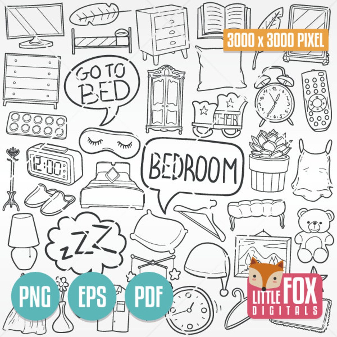 BEDROOM, Doodle Vector Icons. Home Bedchamber Doodle Icons Clipart ...