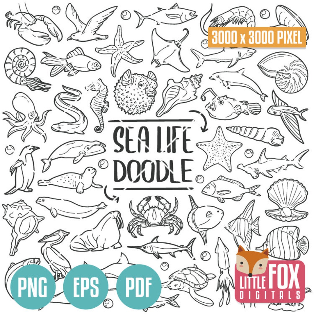 SEA Animals, Marine Creatures, Marine Life Doodle Icons, Biology ...