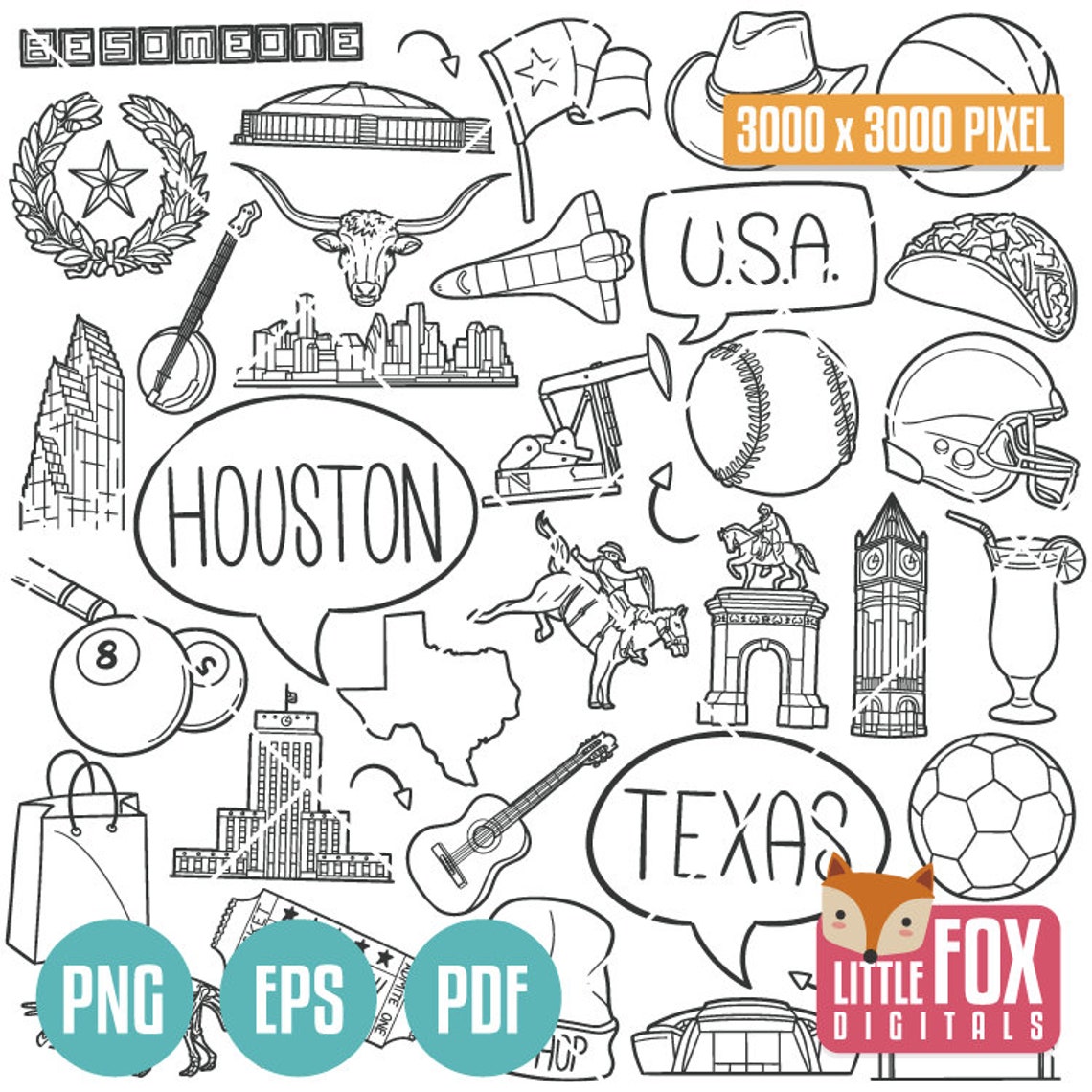HOUSTON, Texas DOODLE Icons. Texan Tourism. Culture and Symbols.space ...