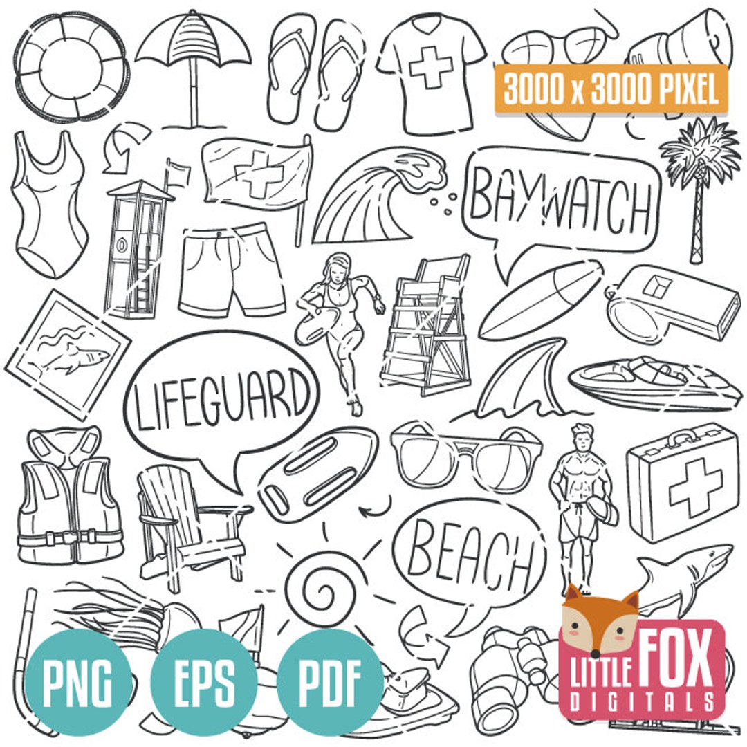 LIFEGUARD, Baywatch Doodle Vector Icons. Summer Beach Icons Clipart ...