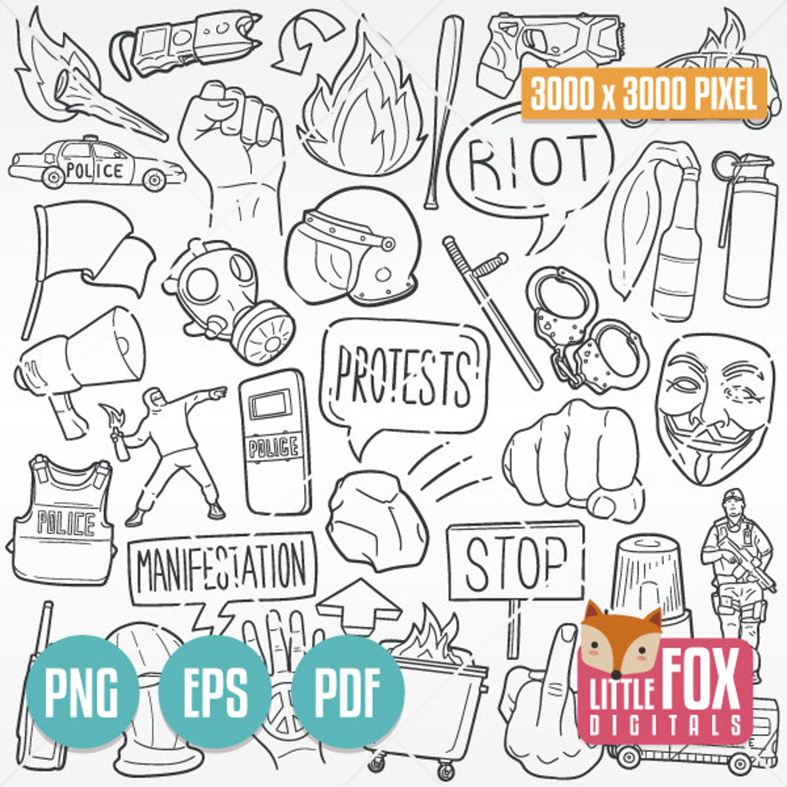 RIOT PROTESTS, Doodle Icons Vector. Manifestation Doodle Symbols ...