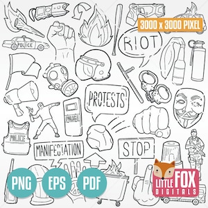 RIOT PROTESTS, Doodle Icons Vector. Manifestation Doodle Symbols ...