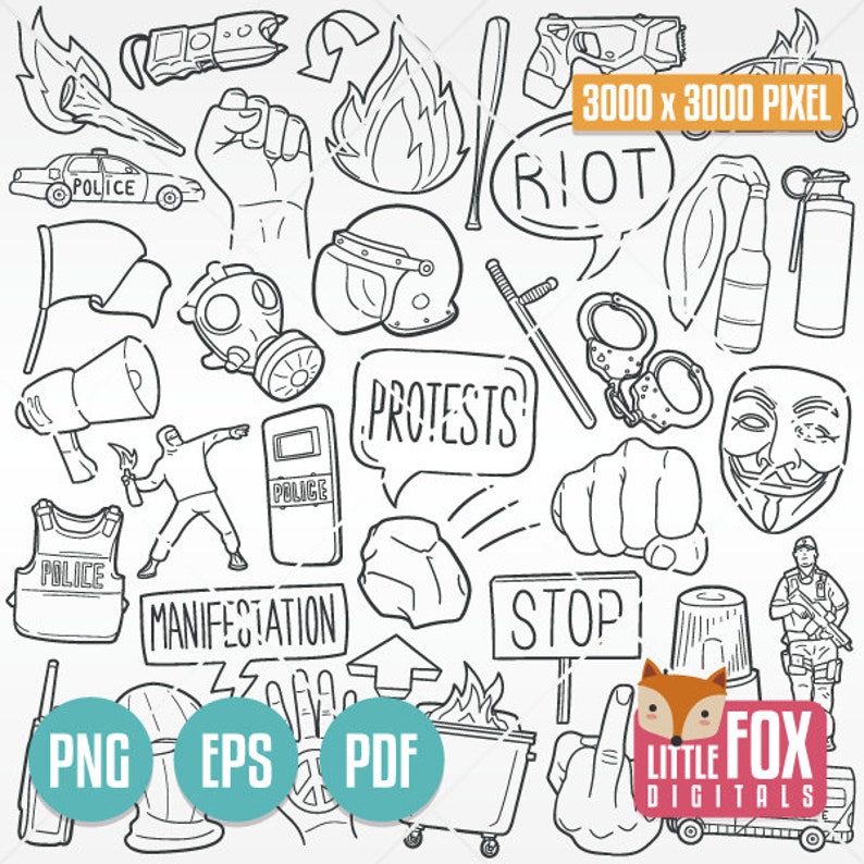 RIOT PROTESTS, Doodle Icons Vector. Manifestation Doodle Symbols ...