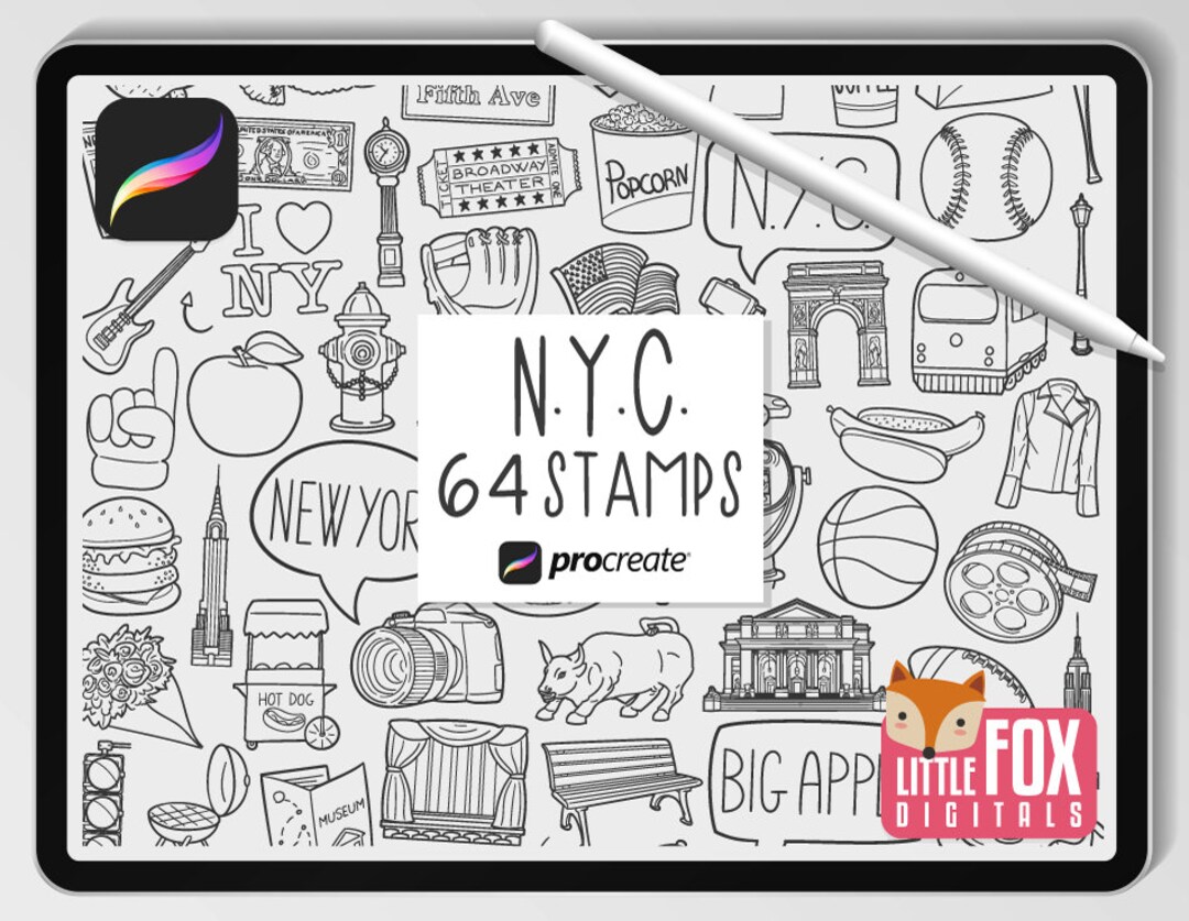 New York STAMPS, Procreate Brushes, Travel NYC Icons, NY Bundle Doodles ...