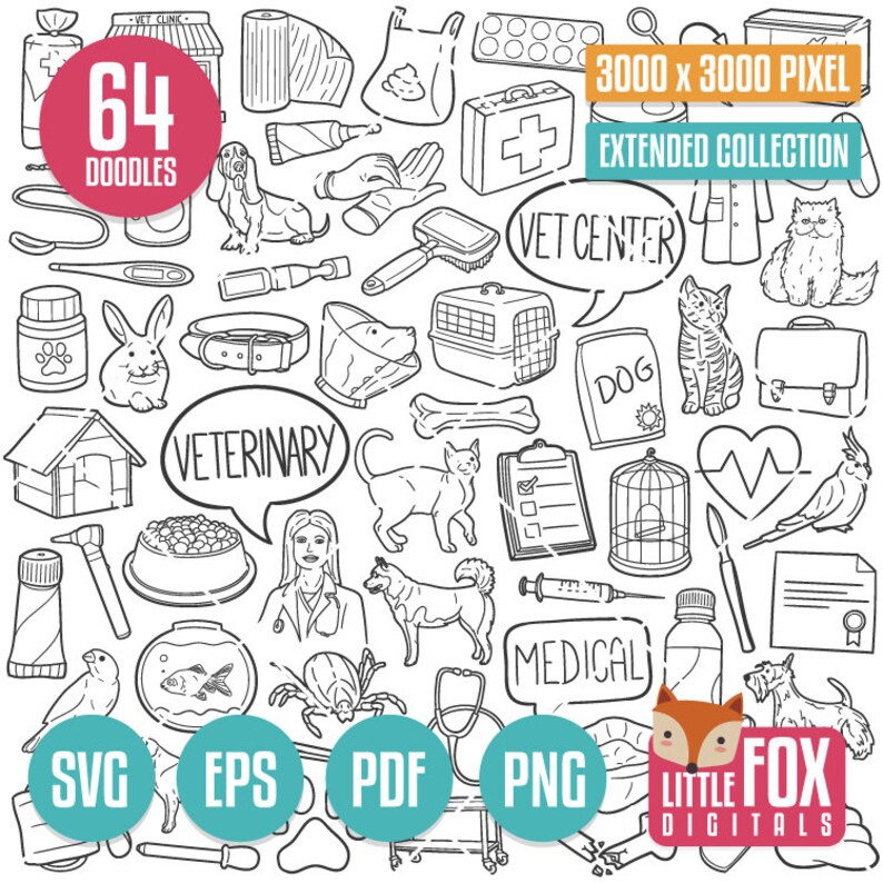 VETERINARY SVG Doodle Vector Icons. VET Clinic Clipart. Pet Animals ...
