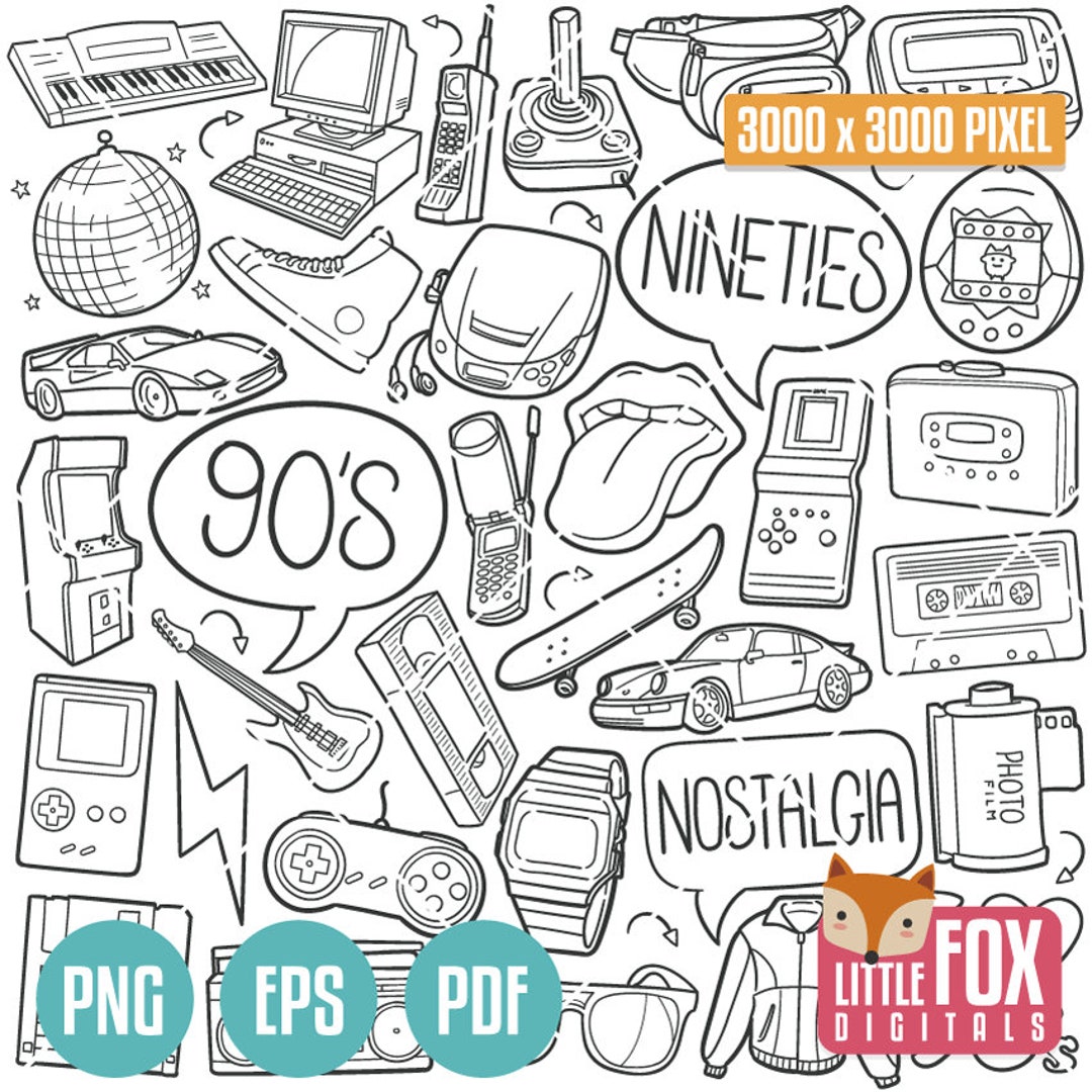 90's, Years Icons Doodle Set. Nineties Icons Clipart Scrapbook. 1990 ...