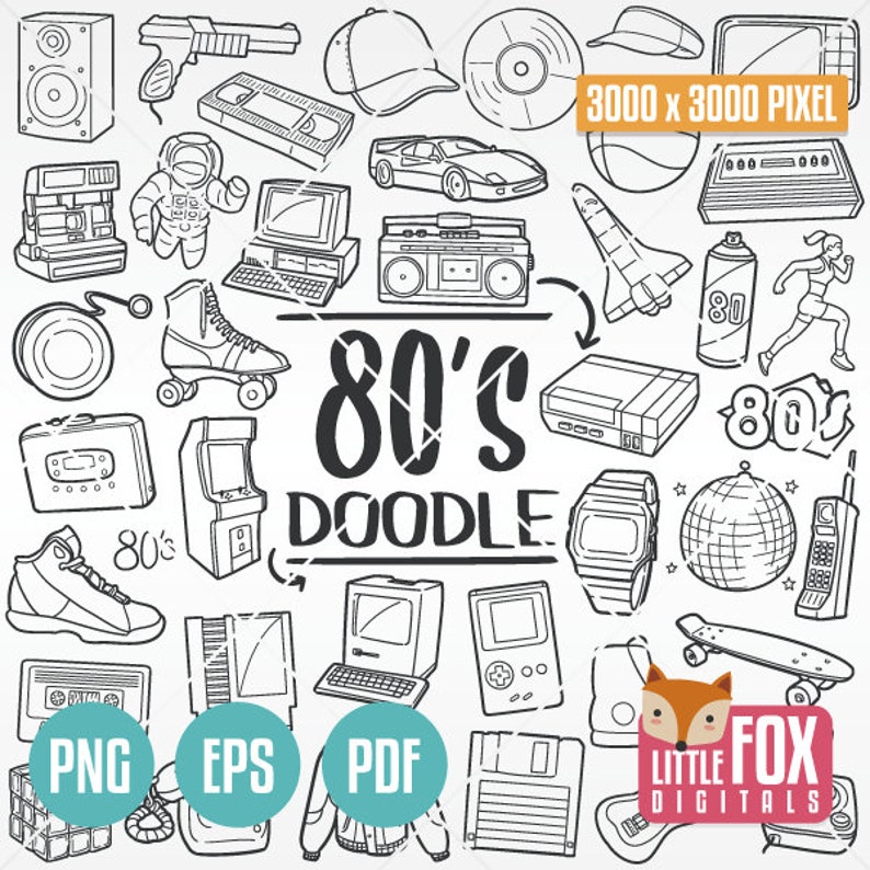 80's, Years Icons Doodle Set. Eighties Icons Clipart Scrapbook. Retro ...