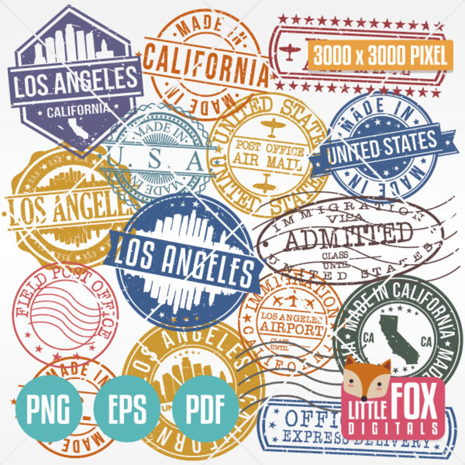 LOS ANGELES California USA Set of Stamps. Made in Seal Travel - Etsy