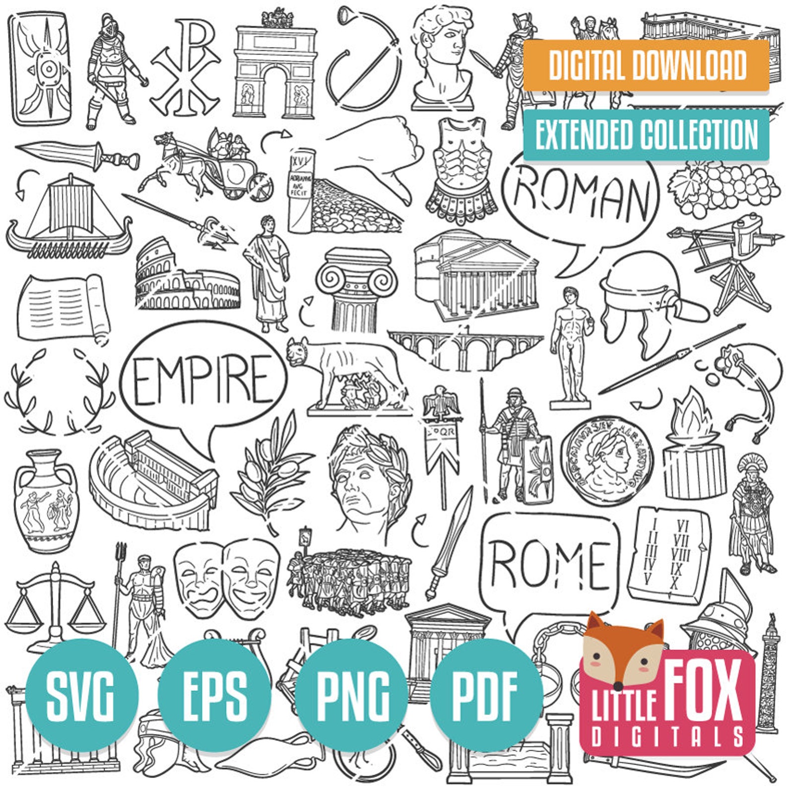 ROMAN EMPIRE SVG, Doodle Icon Vectors. Art History Doodle Icons Clipart ...