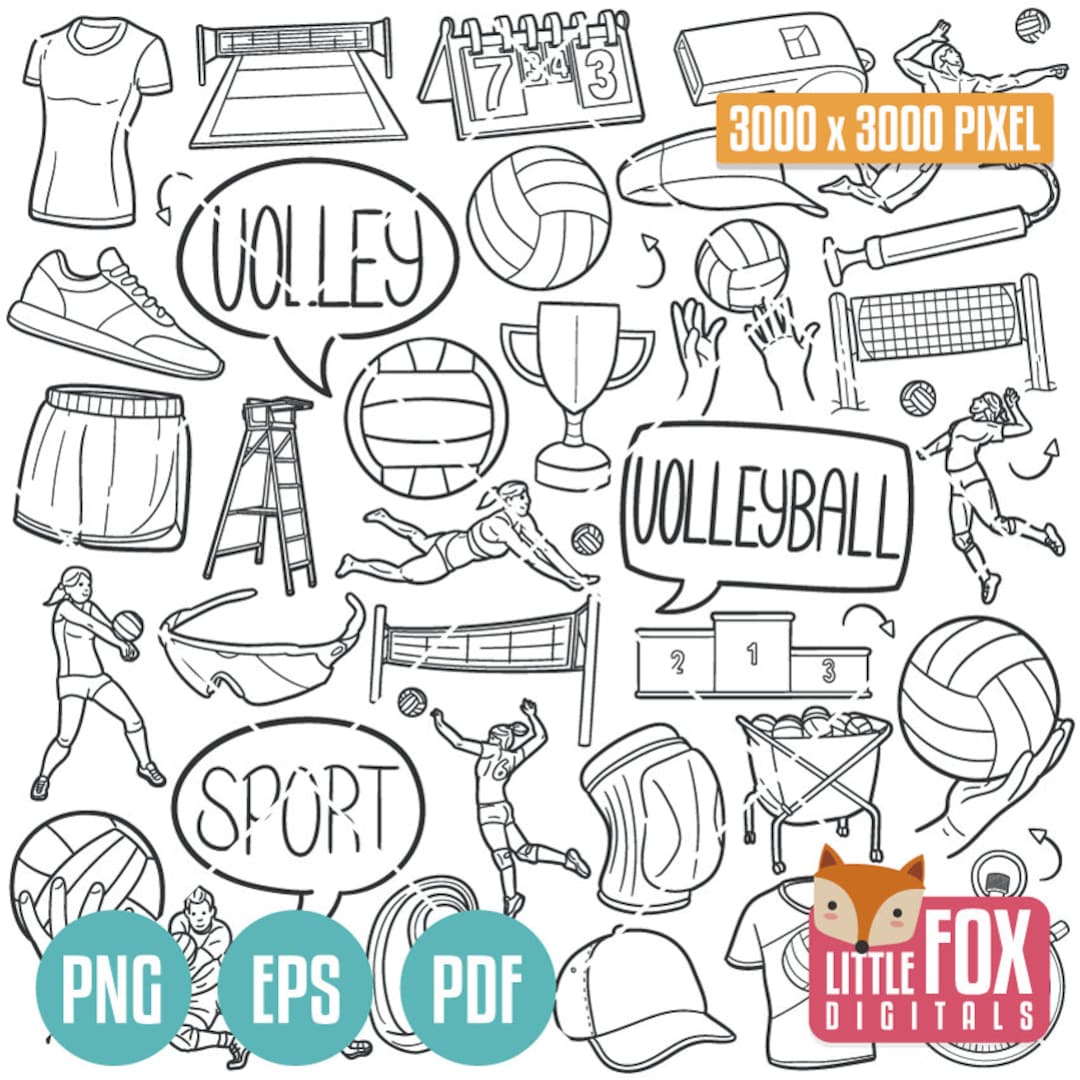 VOLLEYBALL, Sport Vector Volley Doodle Icons Clipart. Beach Black and ...