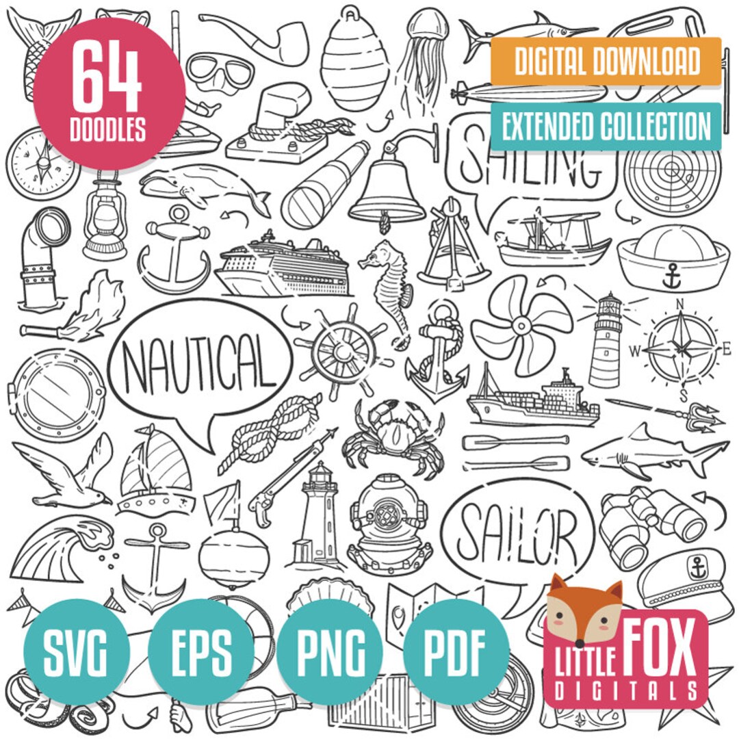 NAUTICAL SVG Doodle Vector Icons. Sailor Ocean Travel Sea Clipart. Sea ...