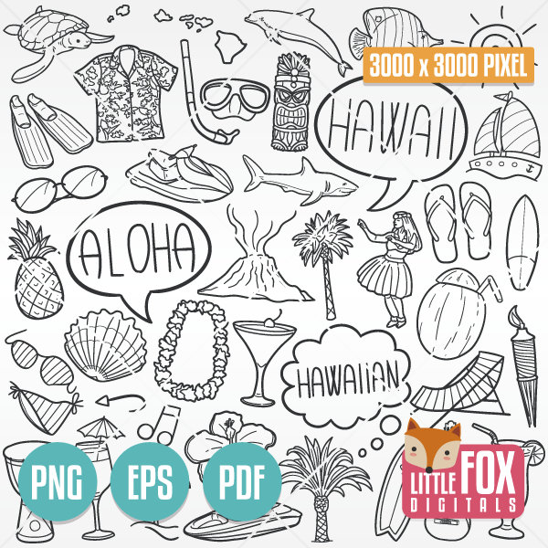 HAWAII ICONS Clipart. Hawaiian Islands America States. Symbols Doodle ...