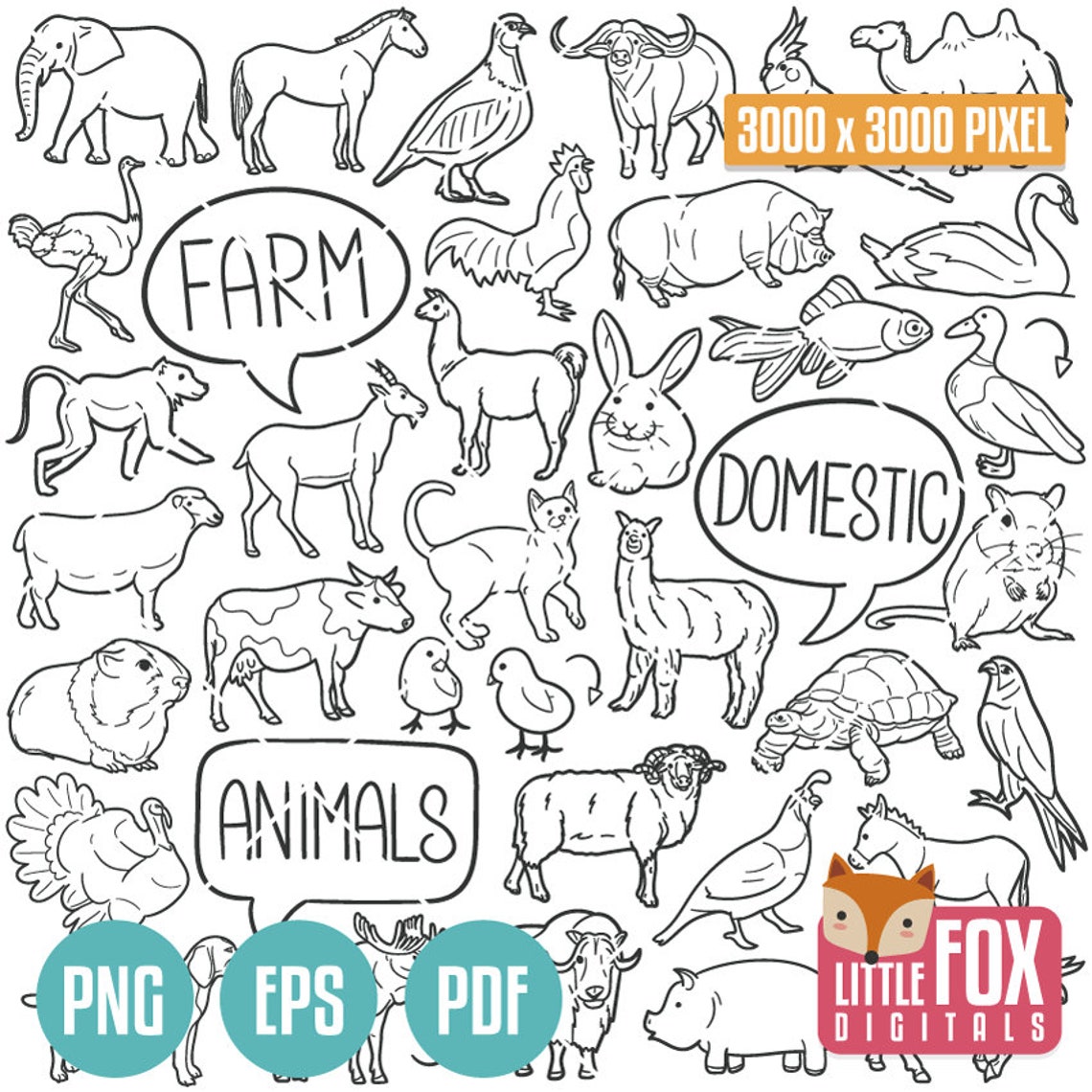ANIMAL Bundle. Domestic Wild Doodle Icons. Pets Clip Art Doodle ...