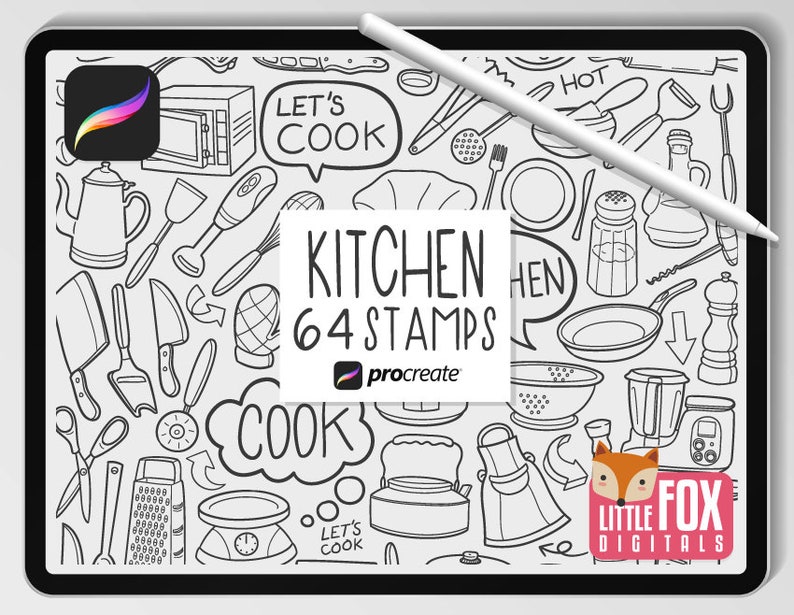 KITCHEN STAMPS, Procreate Brushes, Kitchen Tools Icons, Cooking Bundle ...