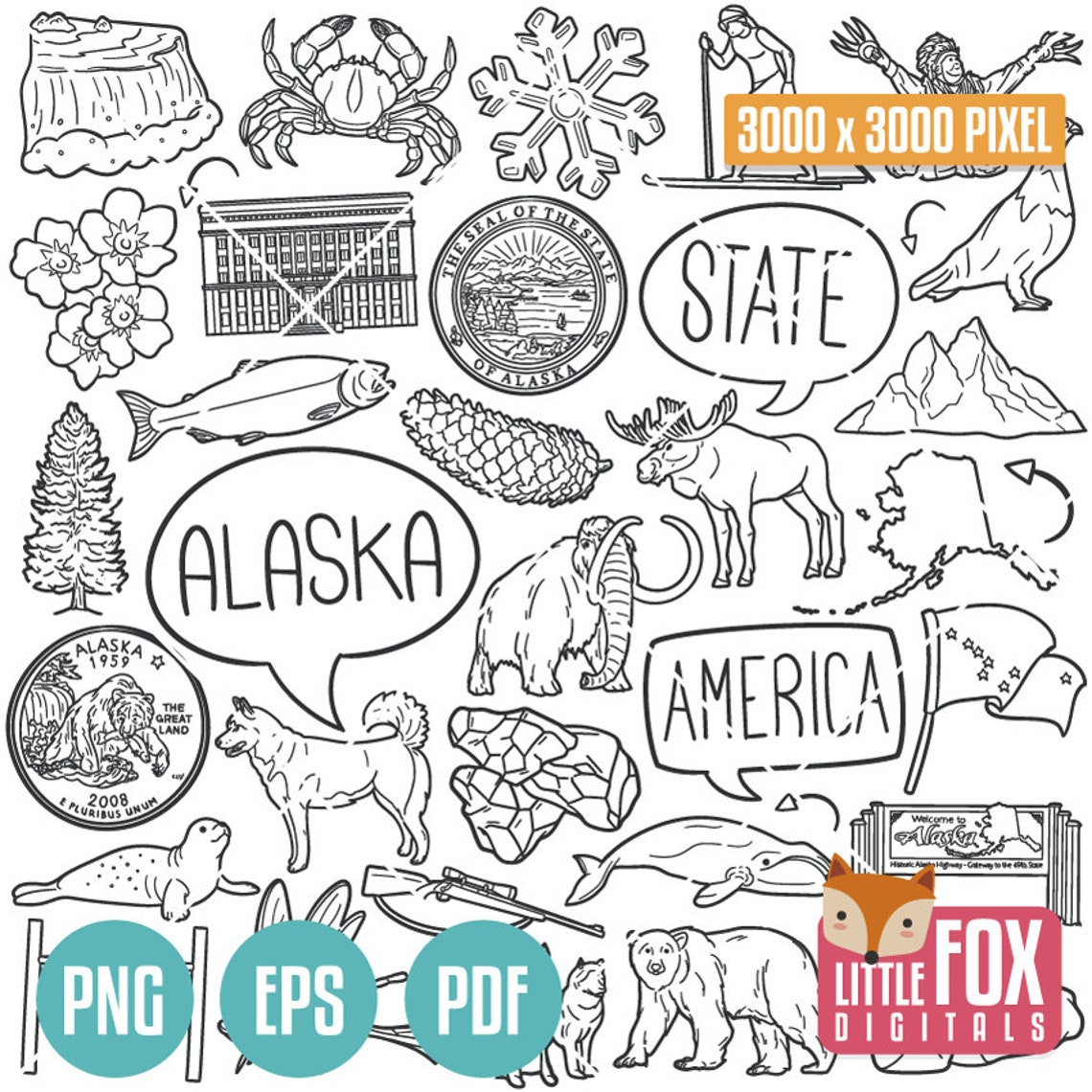 ALASKA State Symbols. American State Clipart. Alaska America, Usa Icons ...