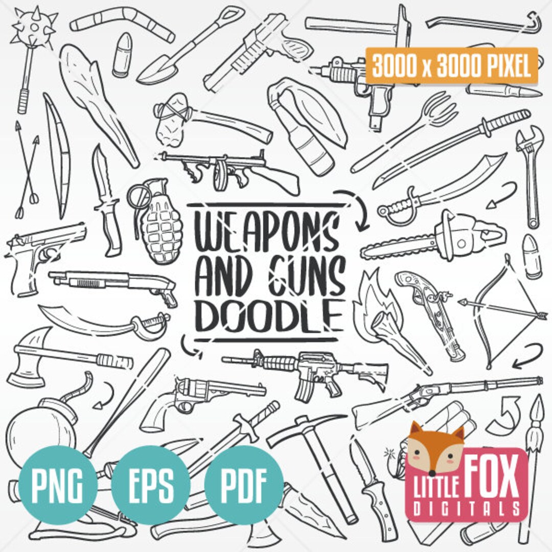 WEAPONS and Guns Doodle Icons. Army Weapons Police. Doodle Clipart ...