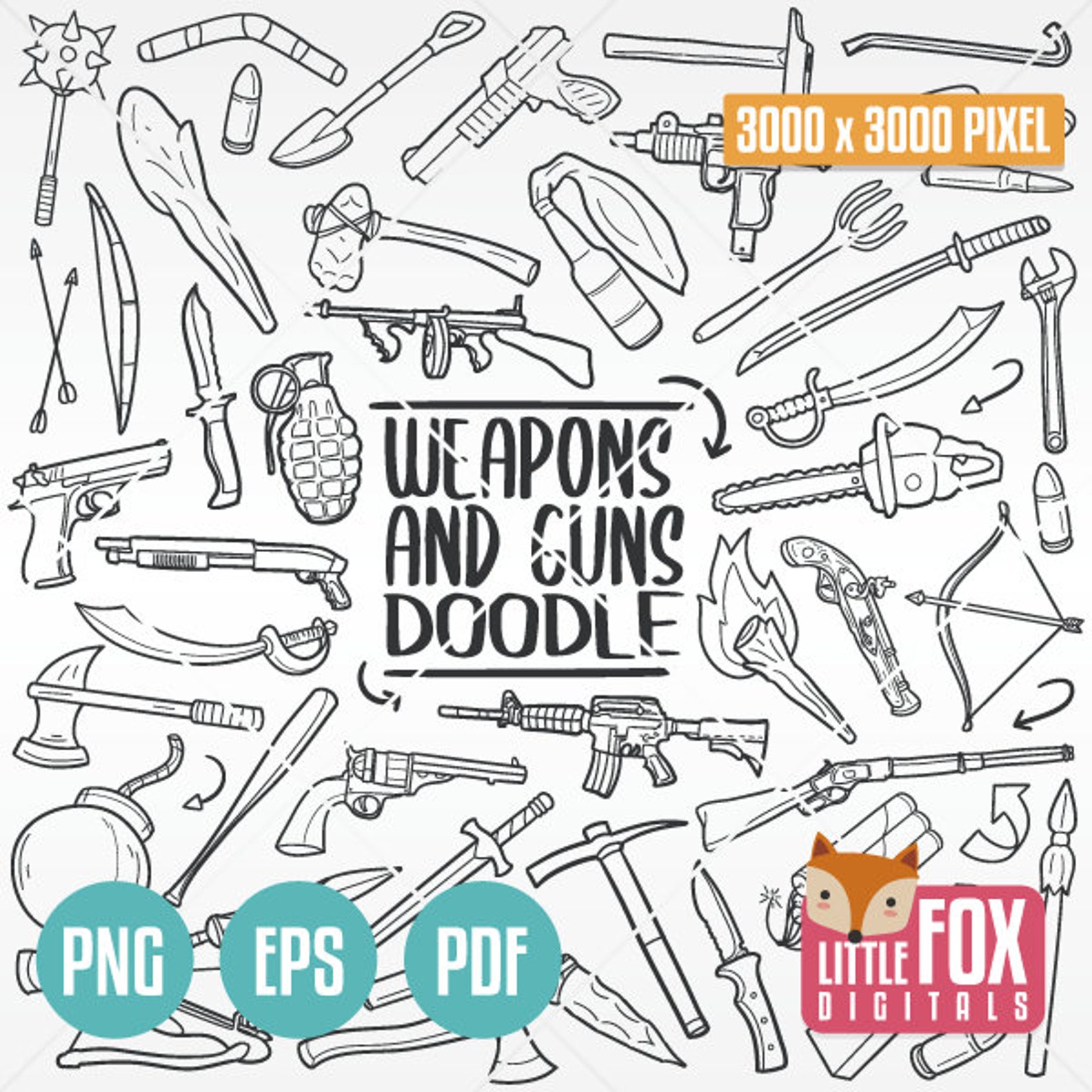 WEAPONS and Guns Doodle Icons. Army Weapons Police. Doodle Clipart ...