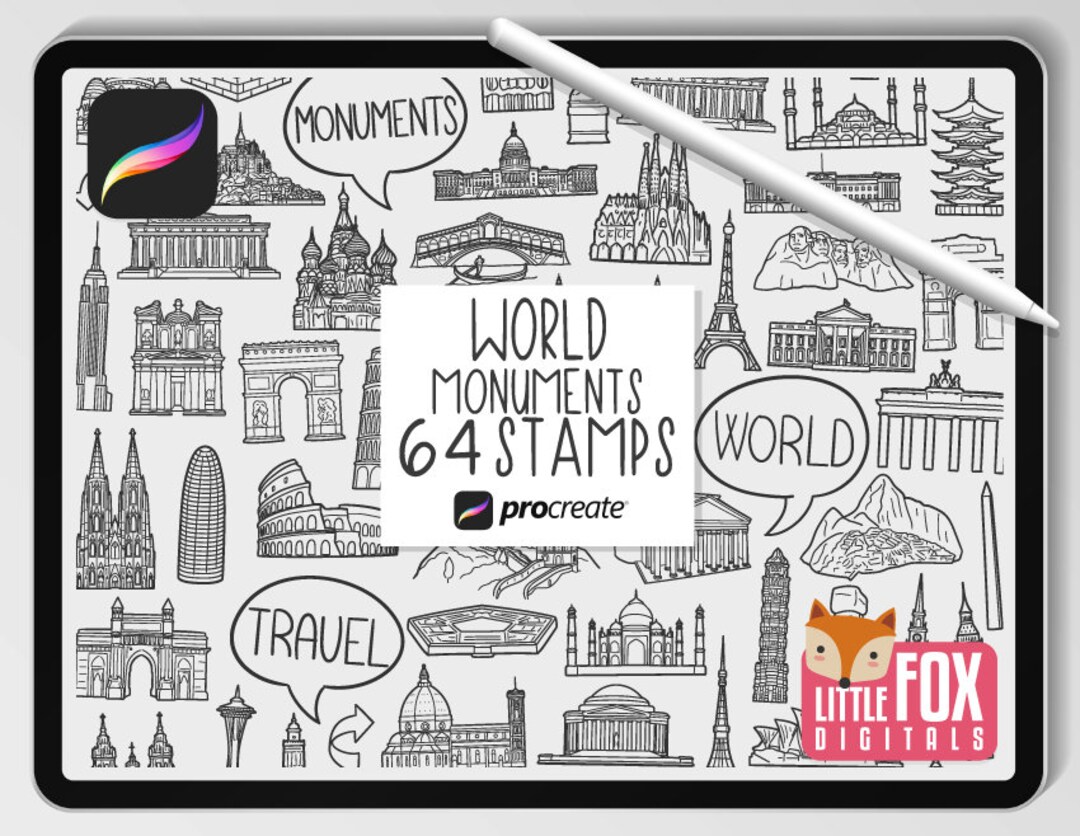 WORLD MONUMENTS STAMPS, Procreate Brushes, Famous Buildings Icons ...