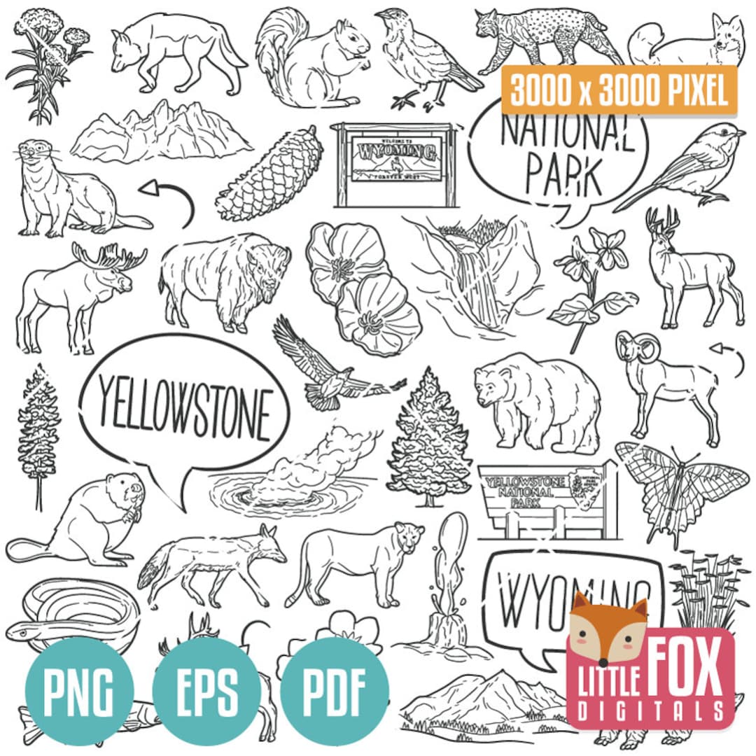 YELLOWSTONE, Doodle Vector Icons. National Parks Clipart, Animals Clip Art, Wyoming Set Artwork ...