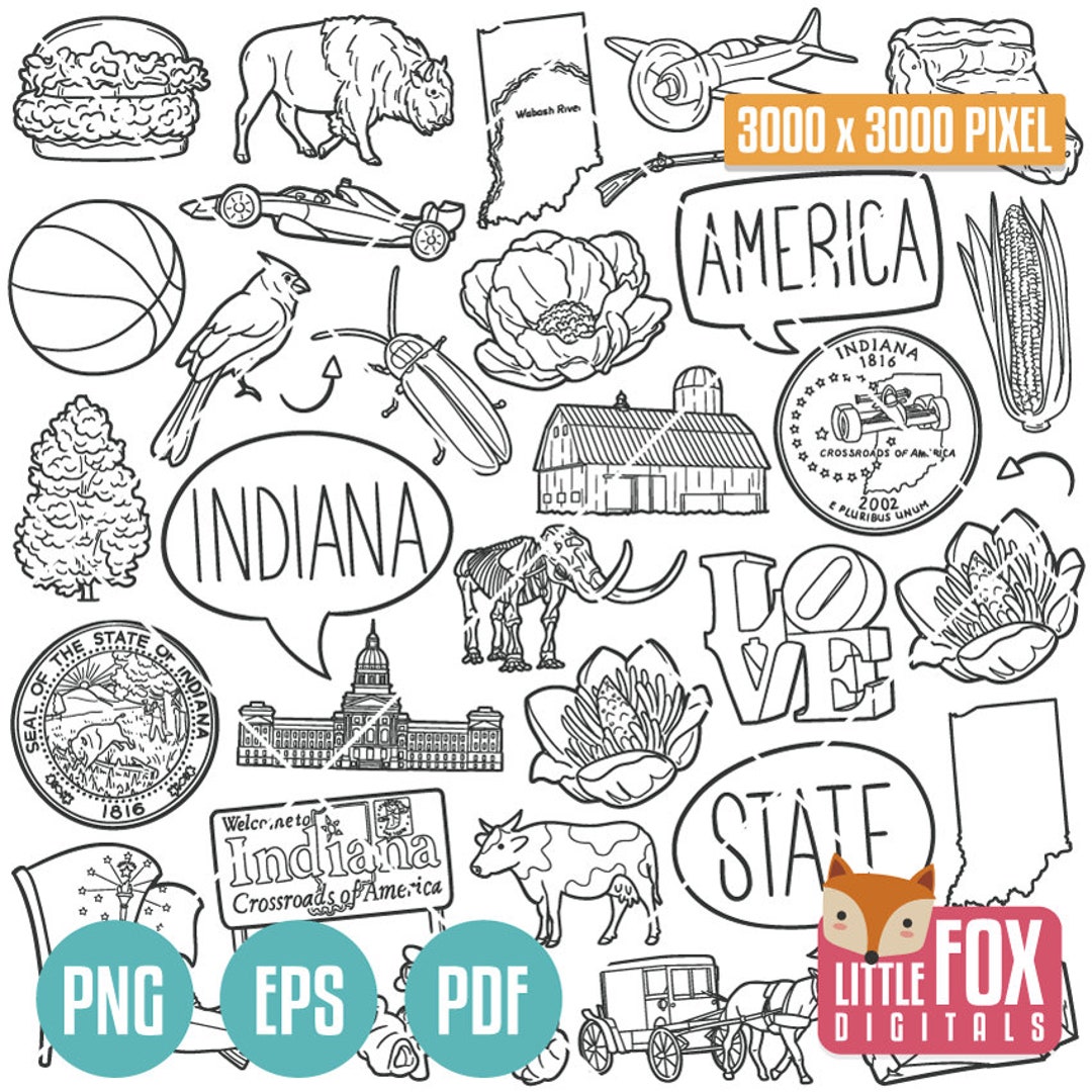 INDIANA State Symbols. American State Clipart. Indianapolis Fort Wayne ...