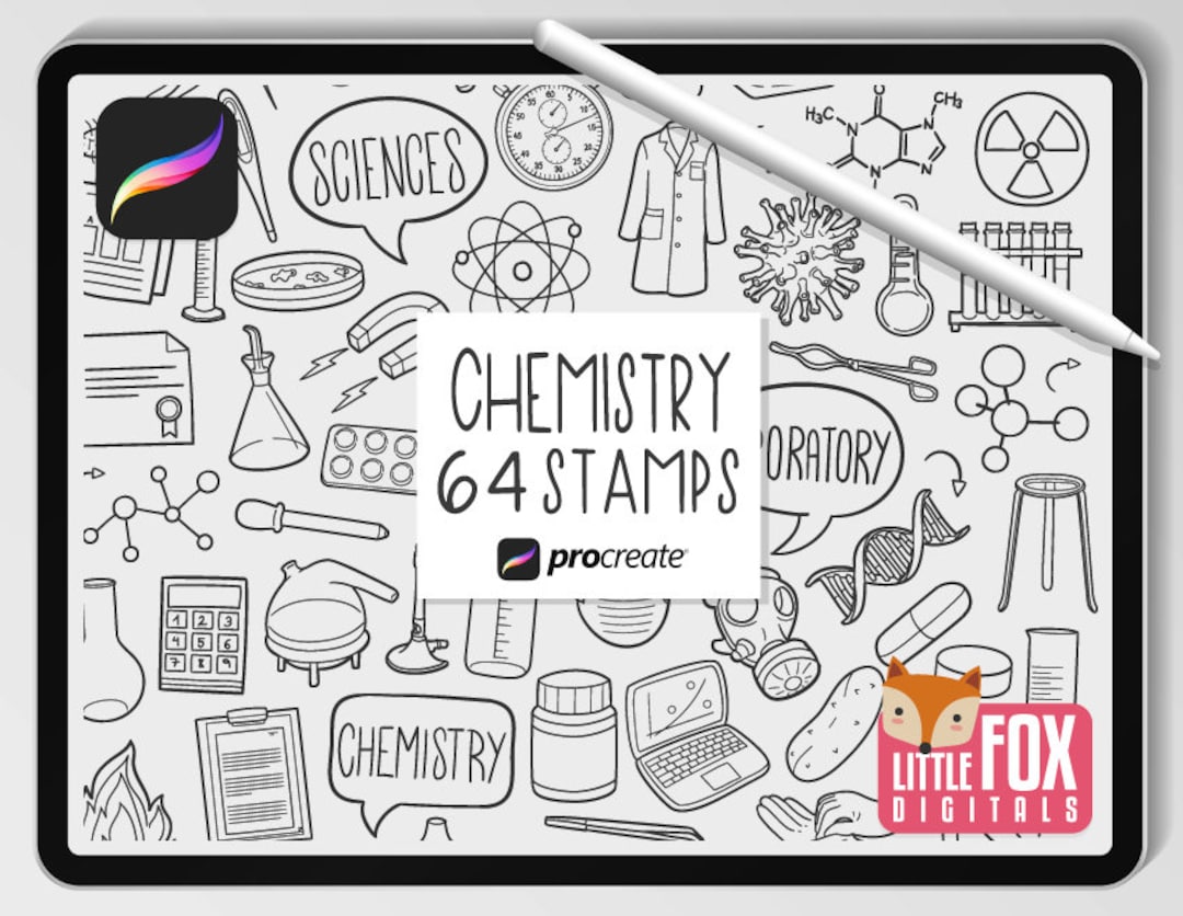 CHEMISTRY STAMPS, Procreate Brushes, Laboratory Icons, Bundle Lab ...