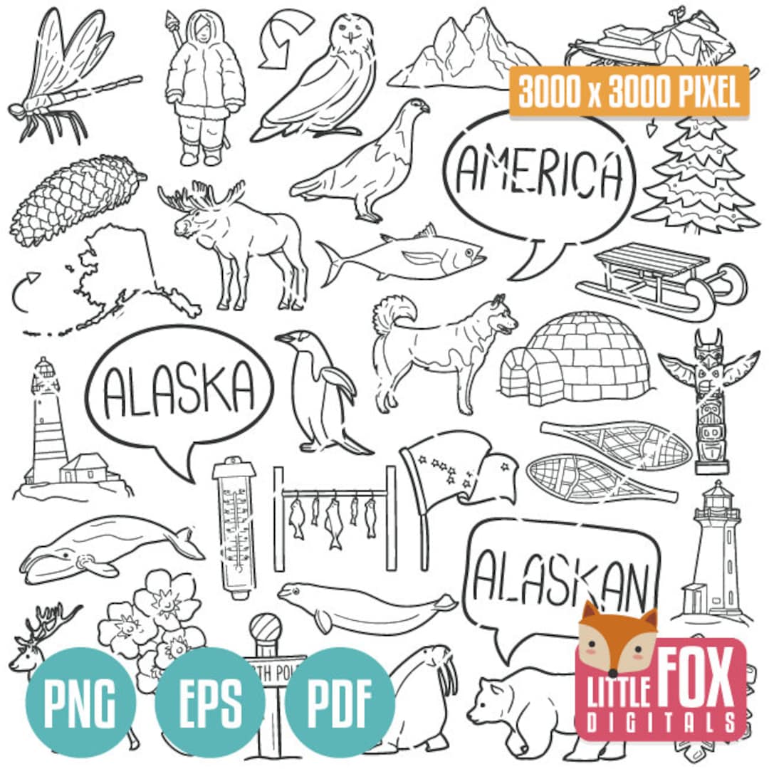 ALASKA Vector Doodle Icons. Alaskan Travel America Clipart Scrapbook ...