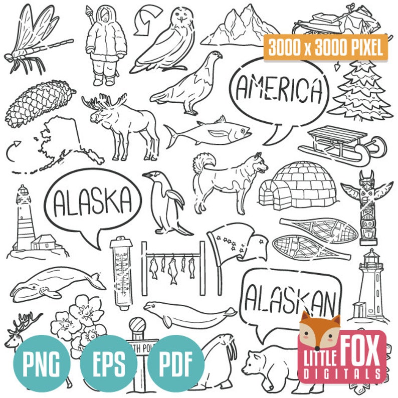 ALASKA Vector Doodle Icons. Alaskan Travel Clipart Scrapbook. North ...