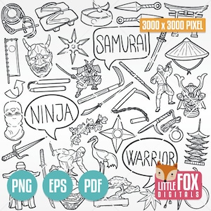 SAMURAI and NINJA WARRIORS Doodle Icons. Asian Concept Art Cartoon ...