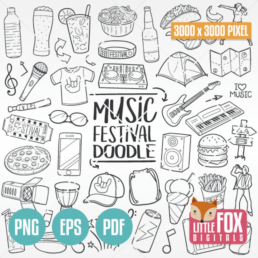 MUSIC FESTIVAL Party Icons. Summer Vacations Doodle. Concert Icons ...