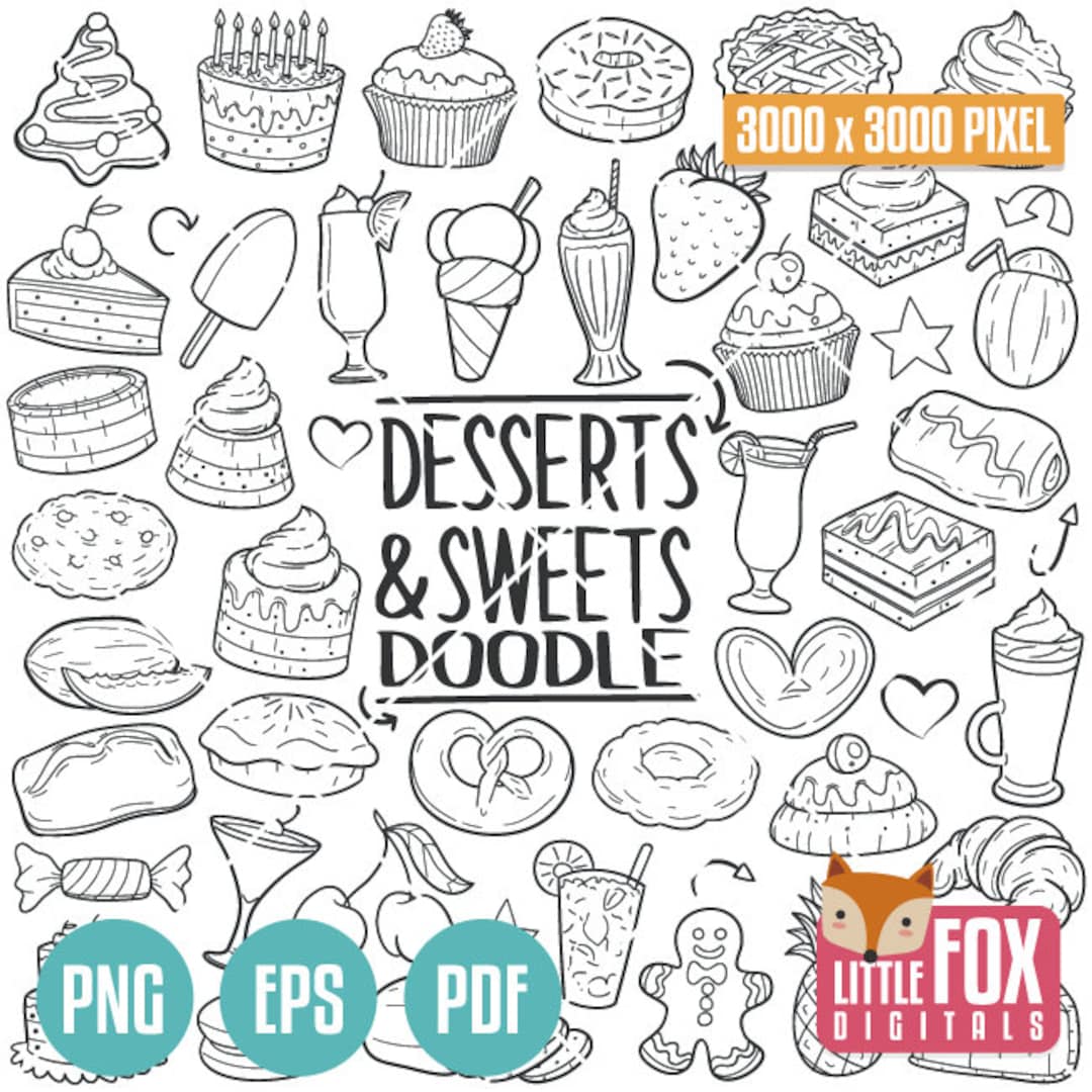 DESSERTS and SWEETS, Doodle Vector Icons. Sugar Confectionery Cake Shop ...