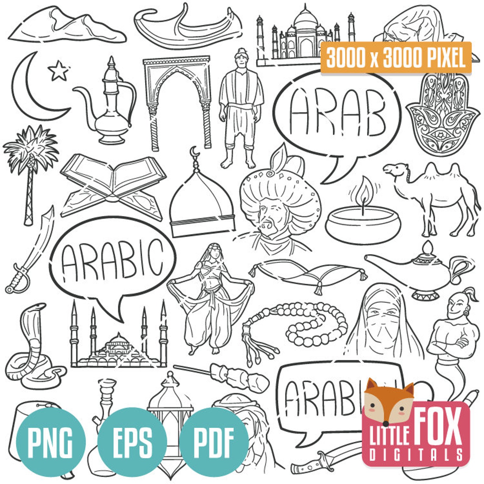 ARAB Doodle Icons. Arabic Concept Art Cartoon Doodle Icons. - Etsy