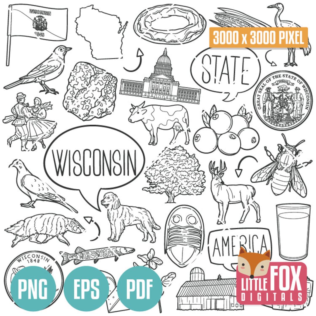 Wisconsin State Symbols. American State Clipart. WI Milwaukee ...