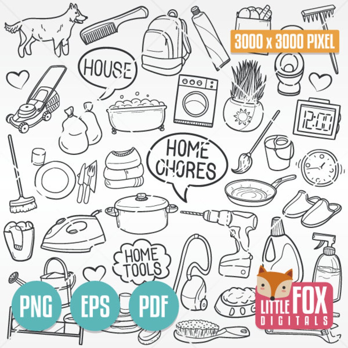 CHORES, Doodle Vector Icons. Home Doodle Icons Clipart. Set Hand Drawn ...