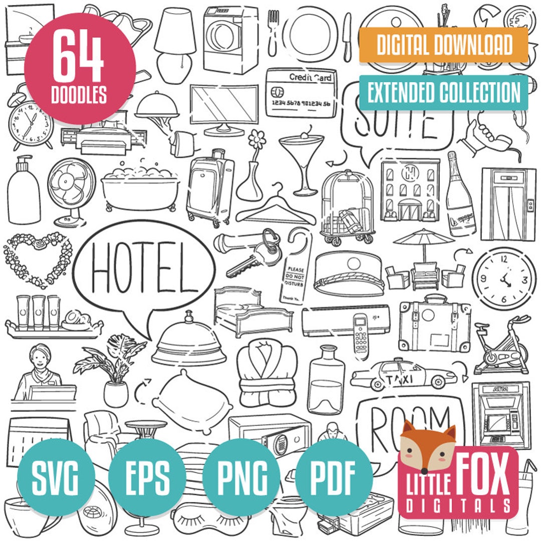 HOTEL, SVG Doodle Vector Icons. Room Suite Doodle Icons Clipart. Hostel ...